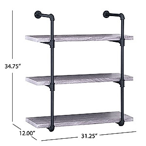 Christopher Knight Home Caden Industrial Three Tier Faux Wood Wall-Mounted Shelf, Finish, Light Gray + Texture Black