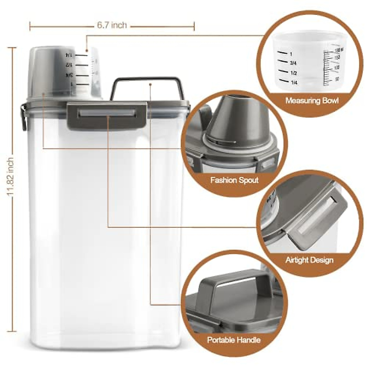 TIOVERY Upgraded Dog Food Storage Container Small, Cat Food Container Airtight, Pet Food Container Dispenser with Pour Spout, Measuring Cup and 4 Seal Buckles for Dogs, Cats, Birds (Grey)