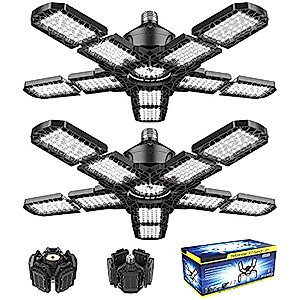 2-Pack Led Garage Light 180W, 18000LM LED Garage Ceiling Lighting with E26/E27 Medium Base, 6000K Deformable LED Shop Light with 10+1 Adjustable Panels Lights for Garage, Workshop, Attic, Basement