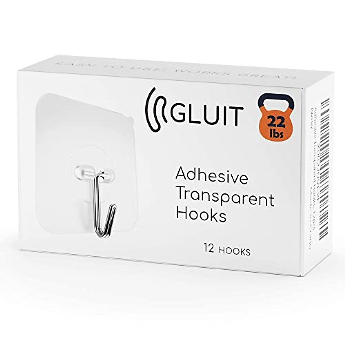 GLUIT Adhesive Hooks for Hanging Heavy Duty Wall Hooks 22 lbs Self Adhesive Sticky Hooks Waterproof Transparent Hooks for Keys Garage Outdoor Office Workshop Door Sticky Hook 12 Pack