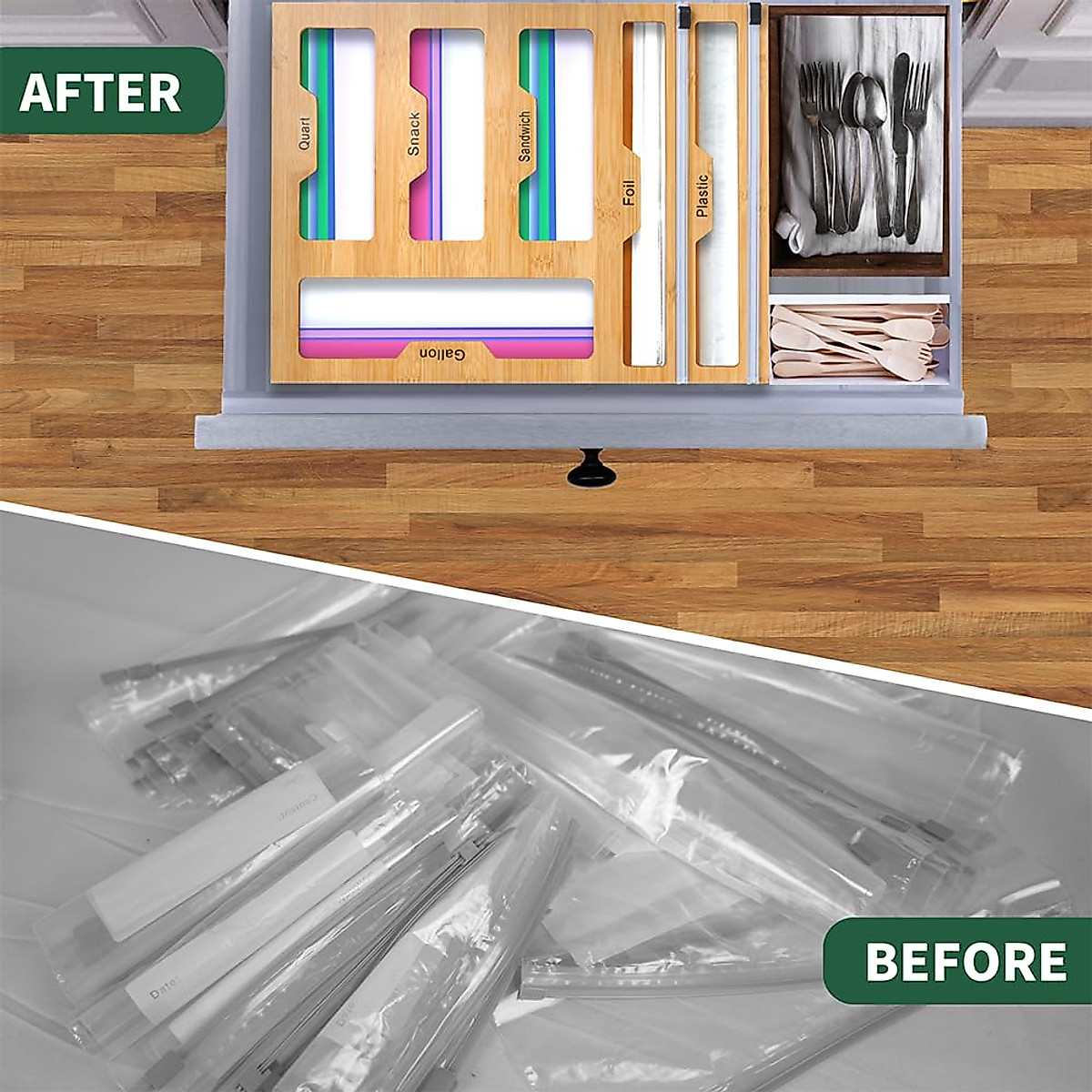 UMERUCCI Storage Bag Organizer Kitchen Drawer with Cutter for Foil and Plastic Wrap, Compatible with Gallon, Quart, Sandwich, Snack Bags, and 12" Aluminum Foil & Wax Paper