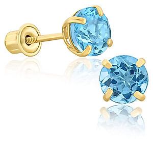 14K Yellow Gold Blue-Topaz Gemstone Birthstone Solitaire Stud Earrings With Secure Screw Backs, (1.20 cttw, 5MM)
