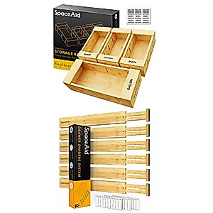 SpaceAid Bag Storage Organizer for Kitchen Drawer, Bamboo Organizer, (4 Pack) Bamboo Drawer Dividers 6 Dividers (17-22 in)