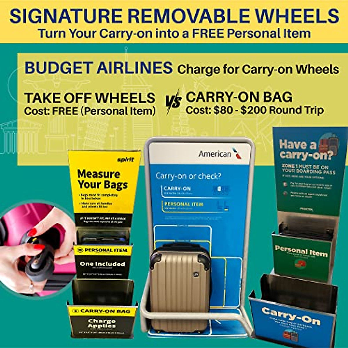 Take OFF Luggage 18 inch Hardshell Carry On Suitcase that Converts into Underseater Luggage with Removable Spinner Wheels for Airline Personal Item Use Requirements, 18 x 14 x 8 Inches - Hot Pink