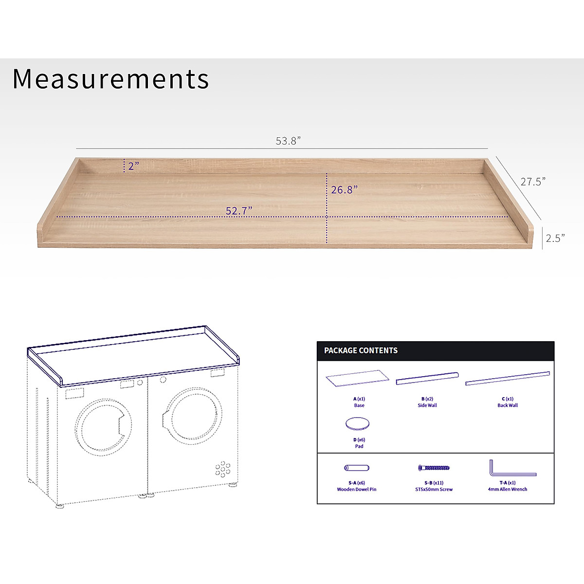 Life Finds Washer Dryer 54 inch Countertop with Safety Ledge for Laundry Room Organization, Light Wood, LF-WDCT1C