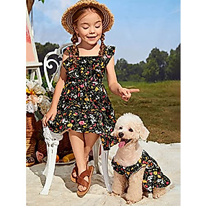 QWINEE Flower Print Dog Dress Ruffle Sleeve Puppy Princess Dress Casual Lightweight Party Vacation Dresses for Small Medium Cats Dogs Black M