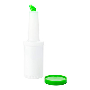 Restaurantware 1 qt Plastic Quick Pour Storage Container Bottle - with Green Spout and Lid - Bar Storage Bottle - 3 1/2" x 3 1/2" x 13" - 1ct Box - Bar Lux