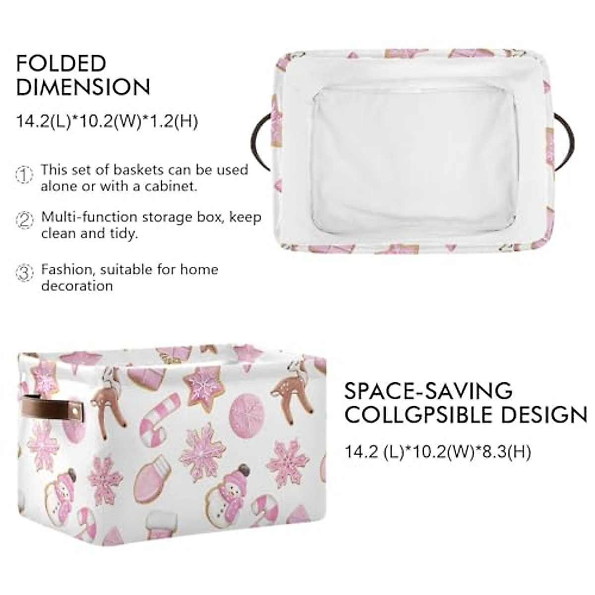Pink Christmas Cookies Storage Basket Bins Foldable Laundry Hamper Toy Storage Bins Box Organizer for Office Bedroom Clothes Bedroom Living Room,1 pcs
