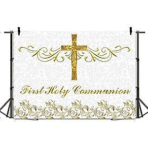 My First Communion Photography Backdrop Curtain Baby Baptism Background Gold Cross Photo Background White Texture Photo Graphic Decoration Set Props 5x3 feet Vinyl Banner