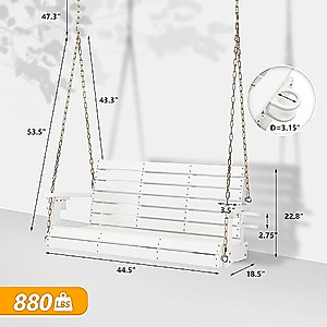 VINGLI Heavy Duty 1600 LBS HDPE Porch Swing Outdoor with Rotatable Cup Holder, 4 FT Patio Bench Swing with Adjustable Chains, 2 Person Hanging Porch Swing Chair for Porch, Yard, Tree, Garden - White