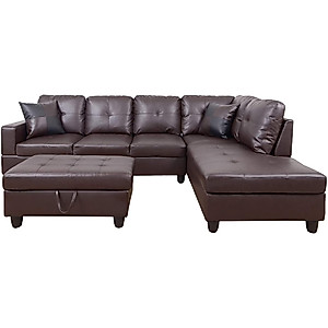 A Ainehome Sectional Sofa Faux Leather Modern L Shaped Couch Set 103.5”Wide Including Chaise and 3 Seating Sofa with Storage Ottoman for Living Room Furniture (Right Hand Facing, B-Brown)