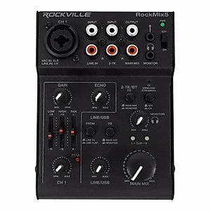 Rockville RockMix 5 Channel Pro Mixer w/USB Interface, Bluetooth, Echo, EQ