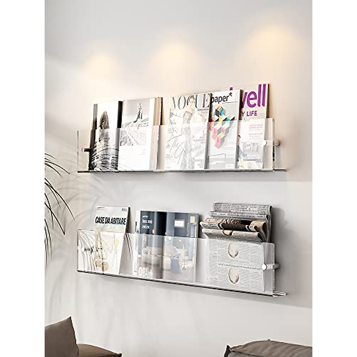 DuvinDD 2 Packs Magazine Holder Brochure Holder Wall Mounted Clear Acrylic Shelves 24 inches Hanging Acrylic Bookshelf Magazine Rack Wall Organzier Floating Shelves