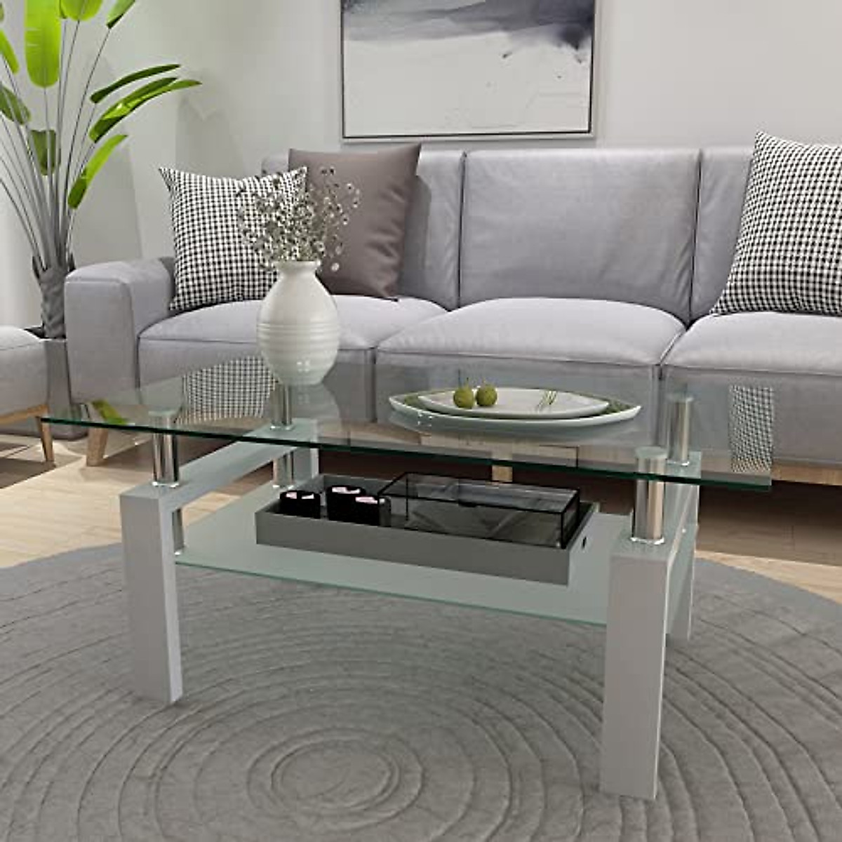 IANIYA Coffee Table with Metal Tube Legs, Glass and Rectangle End Table for Livingroom (White)