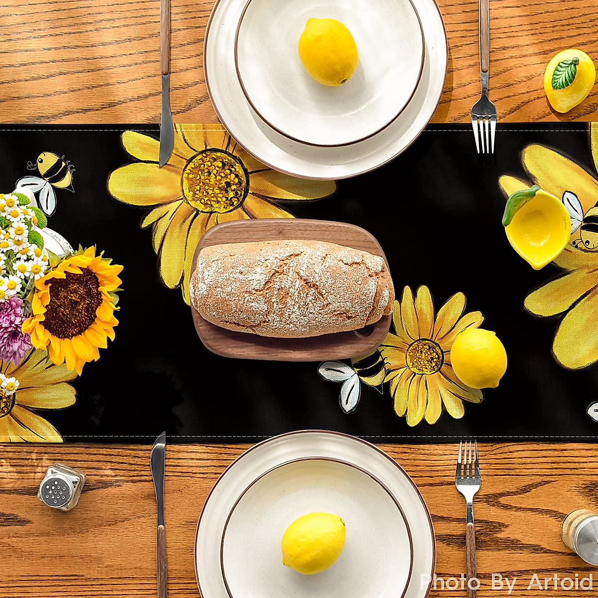 Artoid Mode Bee Sunflower Table Runner Black, Seasonal Spring Summer Flowers Holiday Kitchen Dining Table Decoration for Home Party Decor 13 x 72 Inch