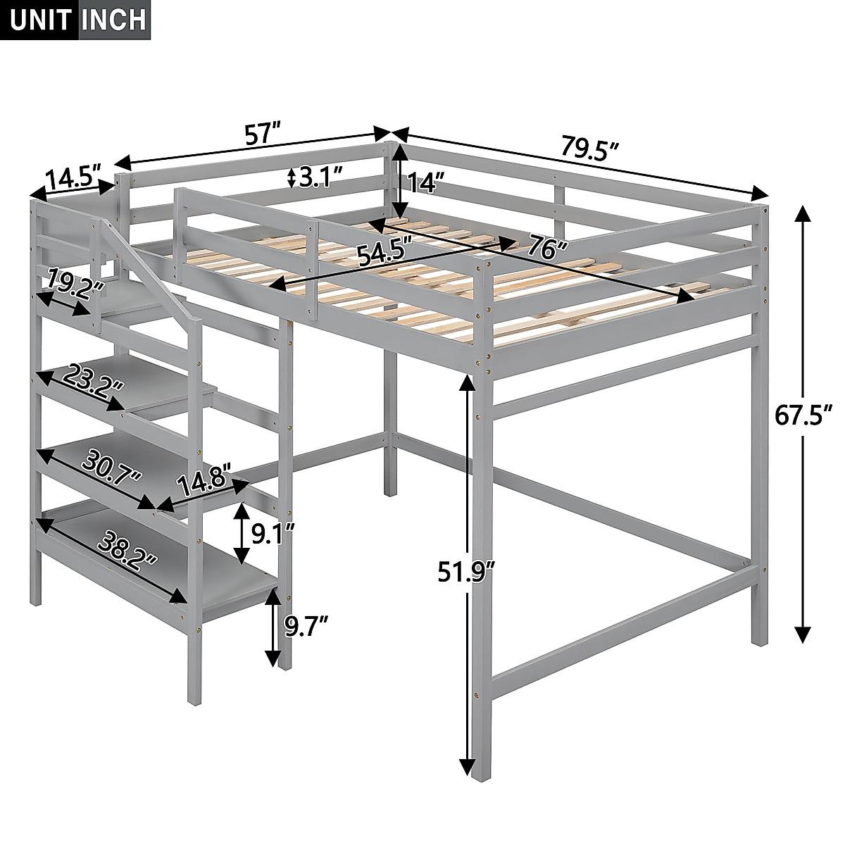 SOFTSEA Full Size Loft Bed with Hanger Wood Loft Bed with Stairs for Kids Adults