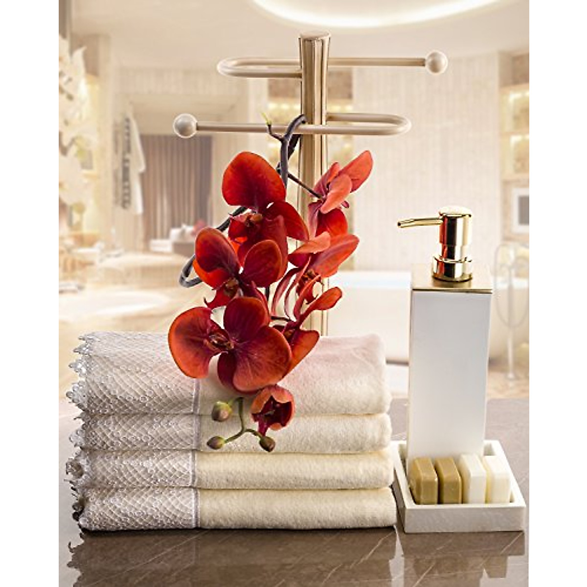 Creative Scents Fingertip Towels for Bathroom (11x18 inches) Towel Set of 4, Soft Velour Finish, Gorgeous Lace Trim, 100% Cotton, Machine Washable, Perfect for Guest Bathroom! (Cream,Ivory)