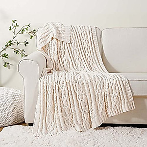 Battilo Cream White Ivory Throw Blanket for Couch, 51x 67 Inch, Woven Chenille Knit Throw Blanket for Chair, Super Soft Warm Decorative Textured Throw Blanket for Bed, Sofa and Living Room.