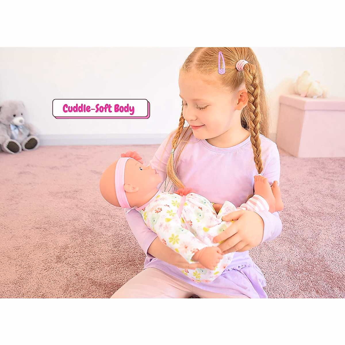 KOOKAMUNGA KIDS 18” Baby Doll Set - Baby Dolls for 2 Year Old Girls & Boys and Up - Comes w/Soft Baby Doll - Toy Baby Bottle - Diaper Bag - Blanket & Pacifier & Plush-Rattle