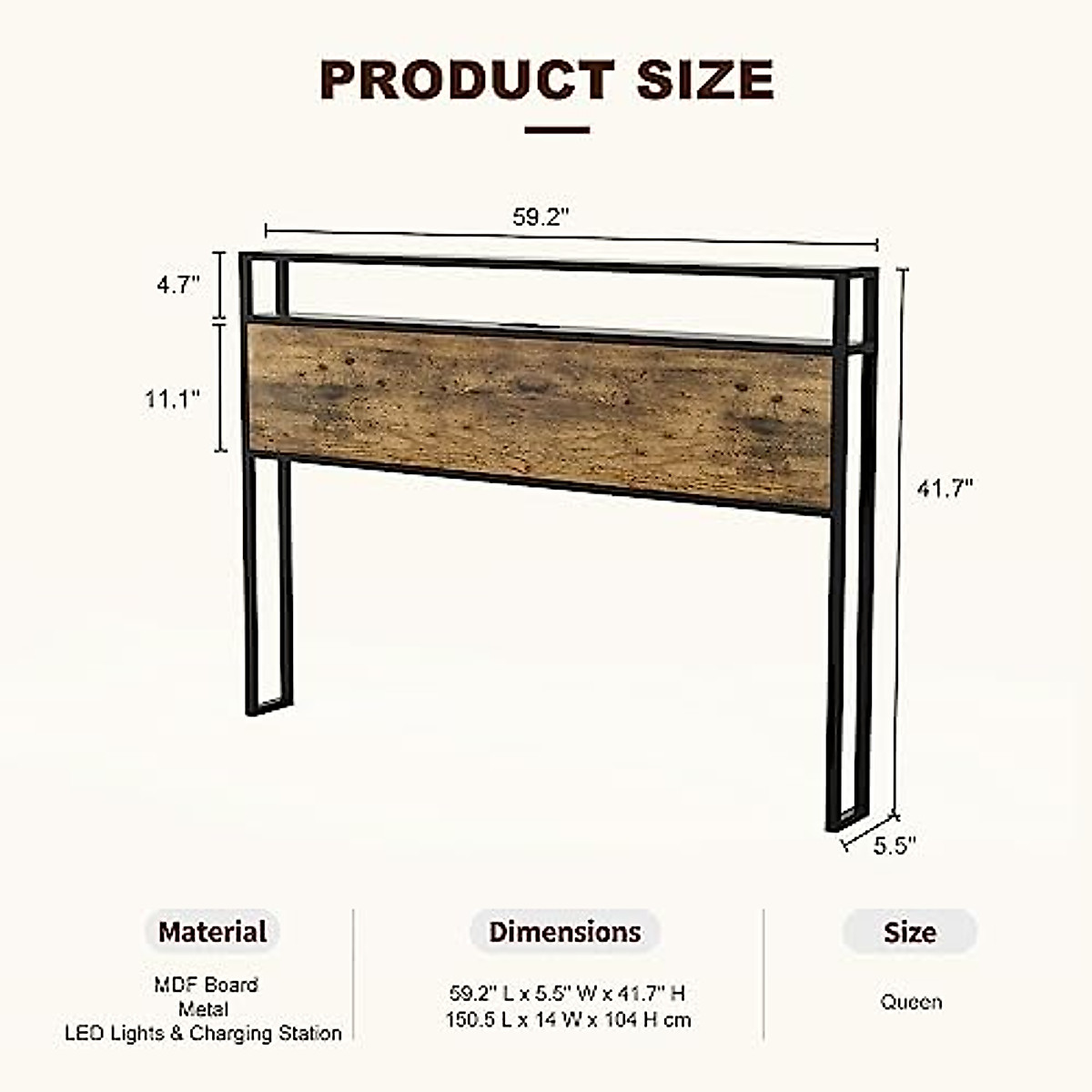 IKIFLY Queen Size Storage Headboard with LED Lights & Charging Station - Industrial Metal and Wood Queen Headboard Only for Bedroom, Attach Frame, Easy Assembly - Rustic Brown