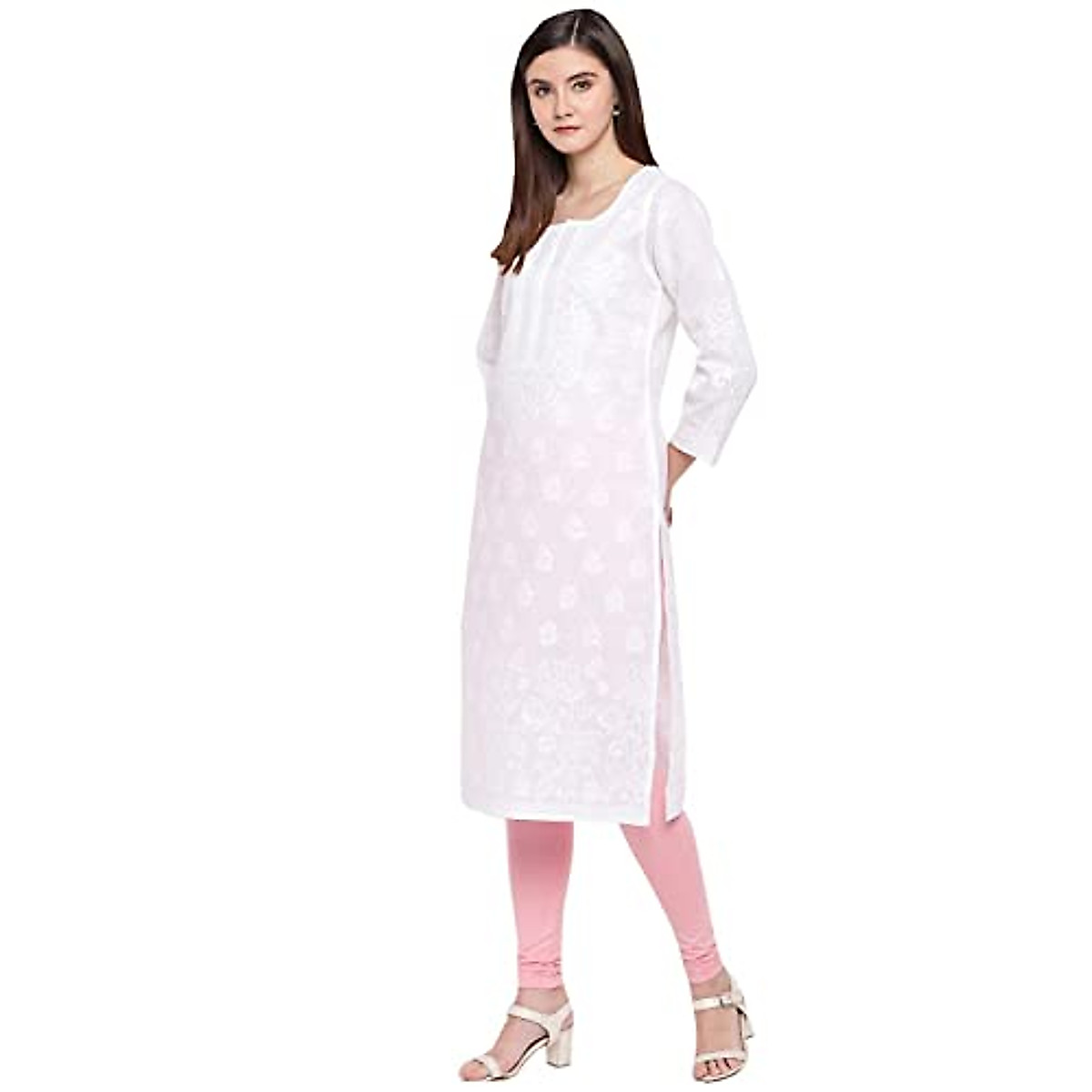 Ada Indian Hand Embroidery Women's Chikankari Cotton Kurta Kurti Tunic A220999 (XXX-Large, White)