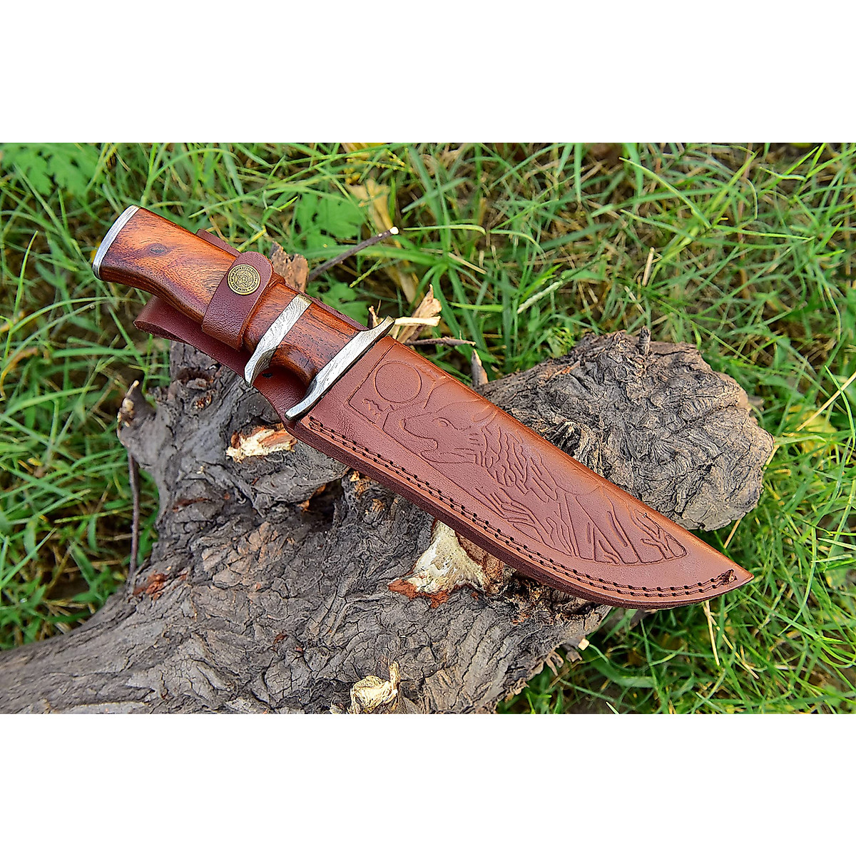 Damascus Hunting Knife, Handmade Full Tang Knife - Wood Handle Knife, Hand Forged Fixed Blade Knife & Bowi Knife - Camping Knives & Hiking Knives, Rose Wood Handle - Leather Knife Sheath