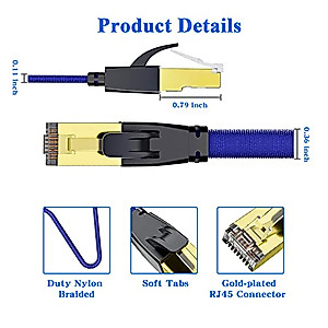 Smolink Ethernet Cable 50Ft, Cat 8 Nylon Braided High Speed Flat Internet Network LAN Patch Cord, 40Gbps 2000Mhz S/FTP RJ45 Cable for Gaming, Xbox, Modem, Router, PC, PS4/PS5, Indoor&Outdoor