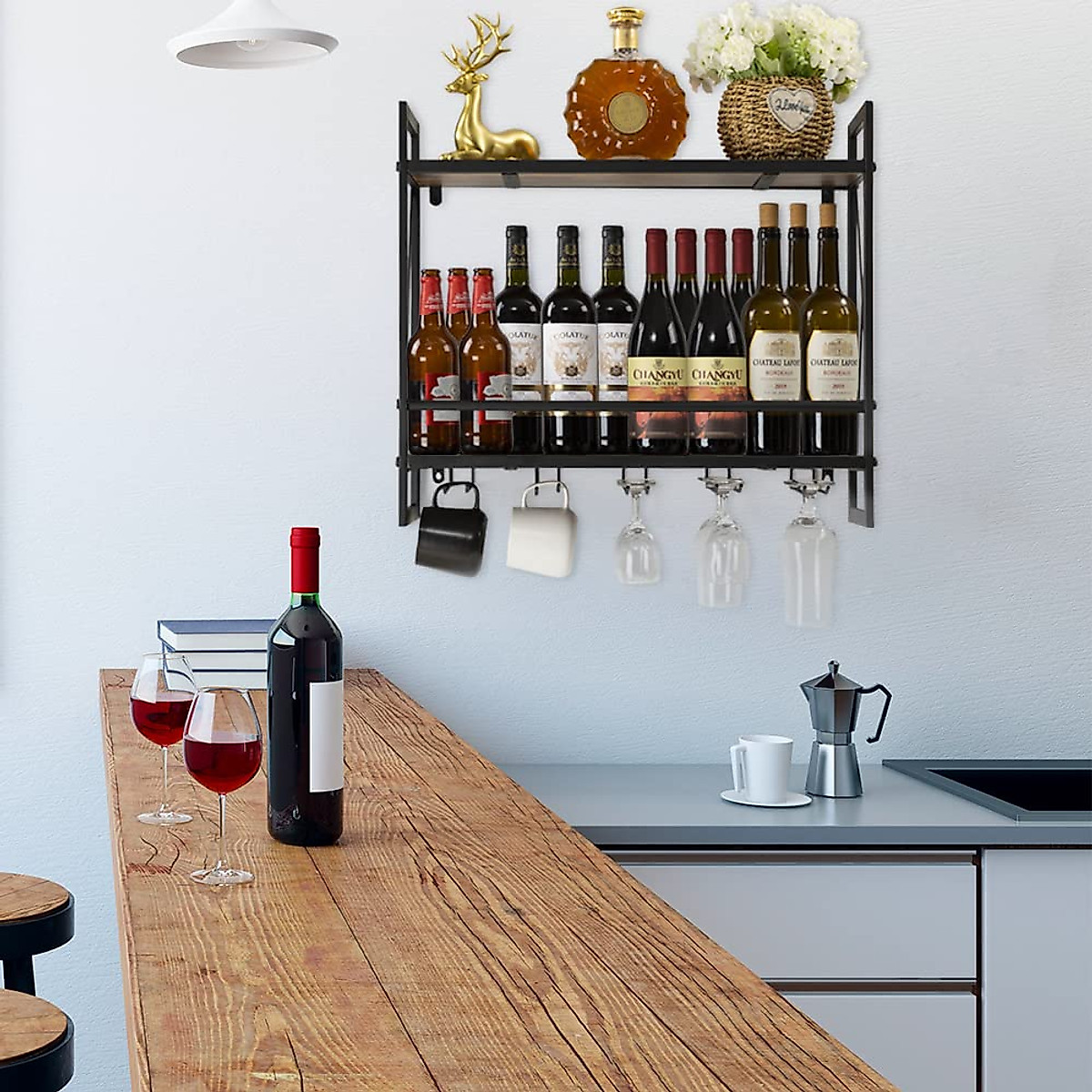 Hadulcet Wine Bottle Stemware Glass Rack, Industrial 2-Tier Wood Shelf, Wall Mounted Wine Racks with 5 Stem Glass Holders for Wine Glasses, Flutes, Mugs, and 2 Metal Basket for Storage, Rustic Brown…