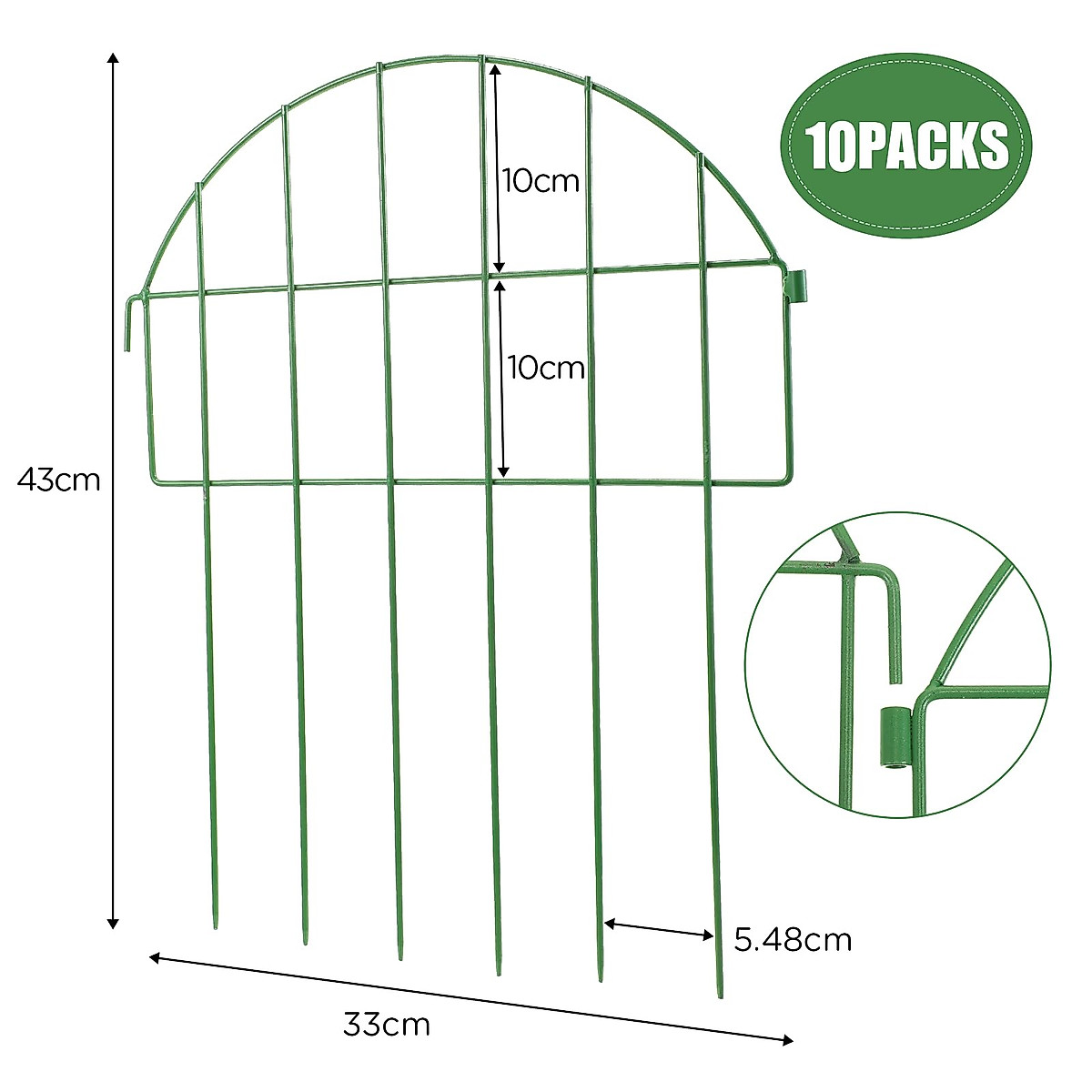 Dandat 10 Pack Decorative Garden Fence No Digging Fencing 17 x 13 Inch Animal Barrier Fence Rustproof Metal Wire Panel Border for Dog Rabbit Ground Stakes Defense and Outdoor Patio Yard, Arched, Green