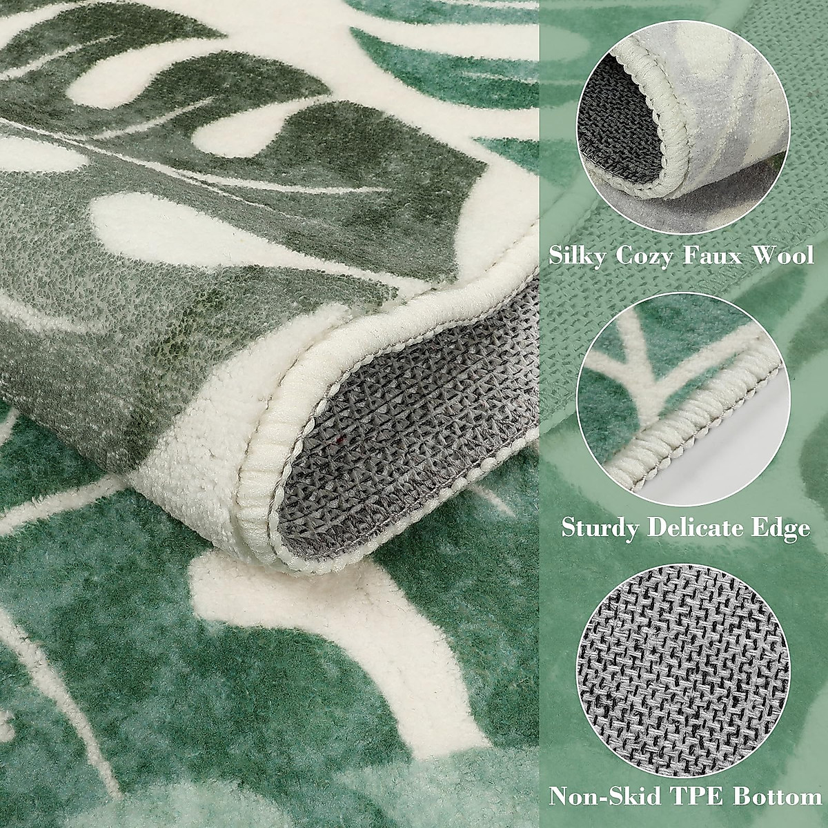 Wonnitar Monstera 3x5 Washable Rug,Sage Green Leaf Area Rugs for Bedroom,Non-Slip Living Room Throw Rug Entry Mat,Low Pile Faux Wool Indoor Carpet for Kitchen Bathroom Office