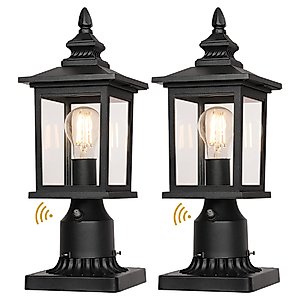 PARTPHONER Dusk to Dawn Outdoor Post Lights with Pier Mount Base, Waterproof Outside Pole Lantern Light Fixture, Exterior Lamp Post Lantern Head with Clear Glass Panels for Garden Patio, 2 Pack
