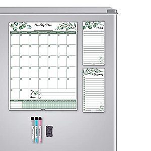 ALEZEL Magnetic Dry Erase Calendar for Fridge, Greenery Monthly Fridge Calendar Whiteboard Set - Vertical Monthly Calendar for Refrigerator, Grocery & to Do List White Board, 3 Markers + Eraser