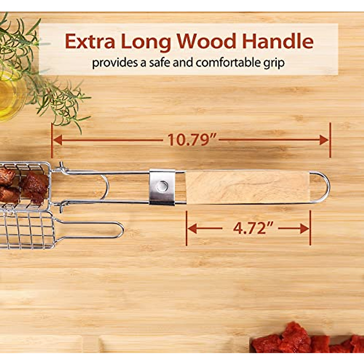 4 Packs 22” Extra Long Stainless Steel Kabob Grilling Baskets with Foldable Handle - Easy Lock 0.4” Mesh Grid Not Falling Out Design Grill Basket Set, Kabob Baskets for Grilling Vegetables, Seafood, Meat
