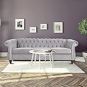 LEFHDA 84" Velvet Upholstered Chesterfield Sofa Couch, Modern 3 Seater Sofa Couch, Thicken Seat Cushions and Button Tufted Back Chesterfield Couch with Nailhead Trim Rolled Armrests, Grey