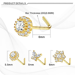 Drperfect 9PCS Nose Ring Stud for Women 20G Stainless Steel L-Shape Nose Rings CZ Butterfly Snowflake Nose Studs Assorted Nose Piercing Jewelry (Gold Tone)