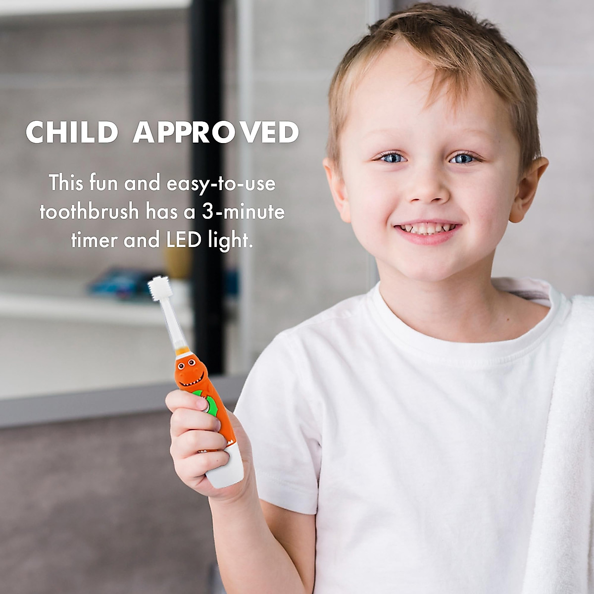 Brilliant Oral Care Kids Sonic Electric Toothbrush with Soft Bristles, Round Brush Head, LED Light, and Timer, for Children Ages 5+, Dinosaur