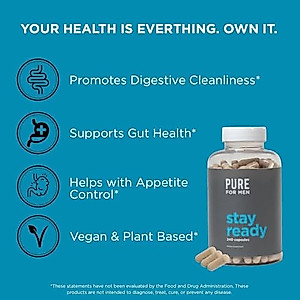 Pure for Men Original Cleanliness Stay Ready Fiber Supplement | Helps Promote Digestive Regularity | Psyllium Husk, Aloe Vera, Chia Seeds, Flaxseeds | Proprietary Formula | 240 Vegan Capsules