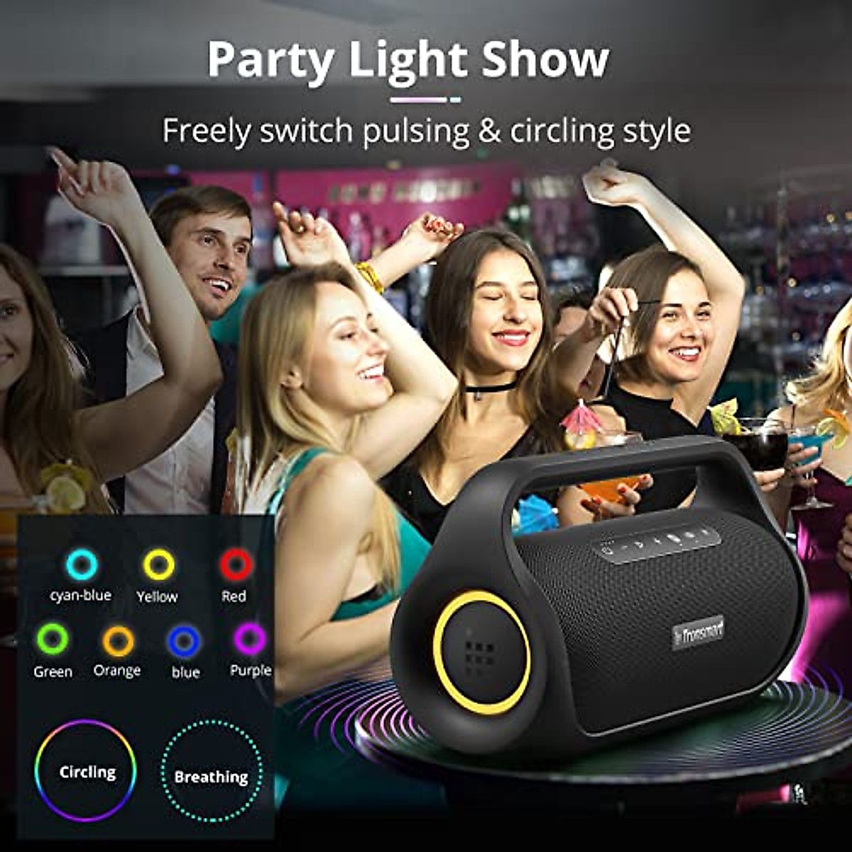 Tronsmart Bang Mini Portable Bluetooth Speaker with 50W Wireless Stereo Sound, IPX6 Waterproof Loud Speaker for Home/Outdoor/Party, Bluetooth 5.3, Beat-Driven Light Show, Support NFC, Micro SD, AUX