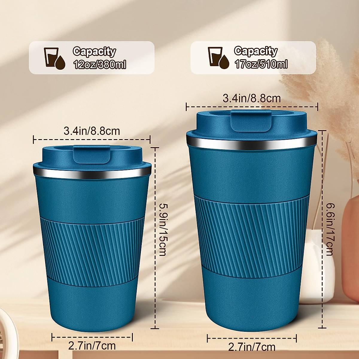 Coffee Travel Mug 12oz & 17oz, Insulated Coffee Mug with Lid, Leakproof Coffee Thermos, Coffee Tumbler for Hot&Cold Drinks, Stainless Steel Reusable Thermal Cup for Men Women