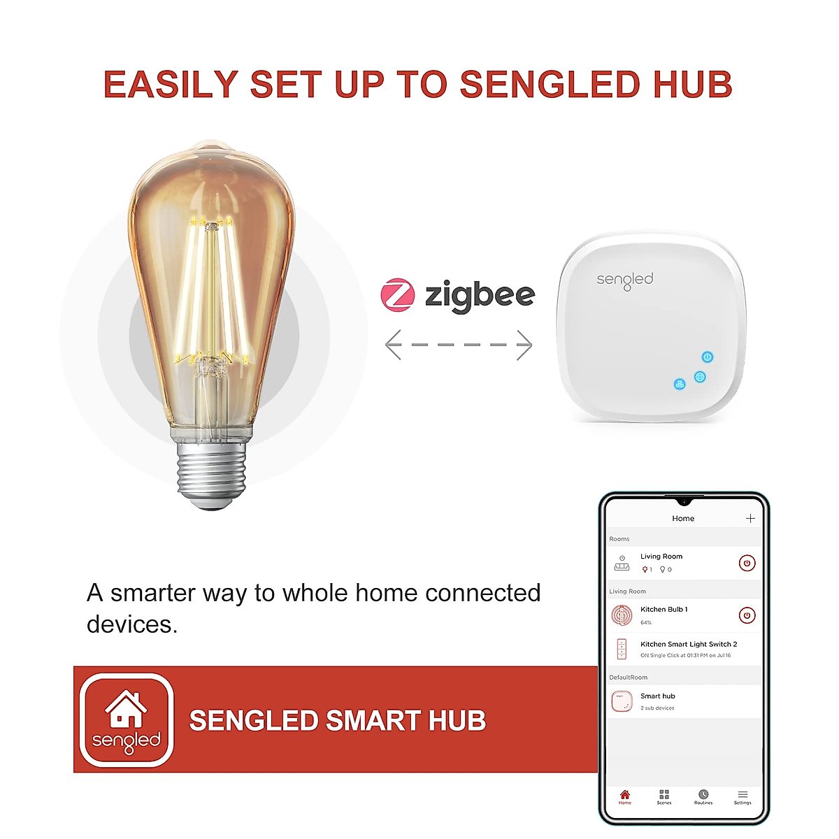 Sengled Zigbee Smart Edison Bulbs, Smart Hub Required, Work with SmartThings and Echo with Built-in Hub, Voice Control with Alexa and Google Home, Amber Warm 2000K LED E26 Edison Bulb, 60W Eqv. 6 Pack