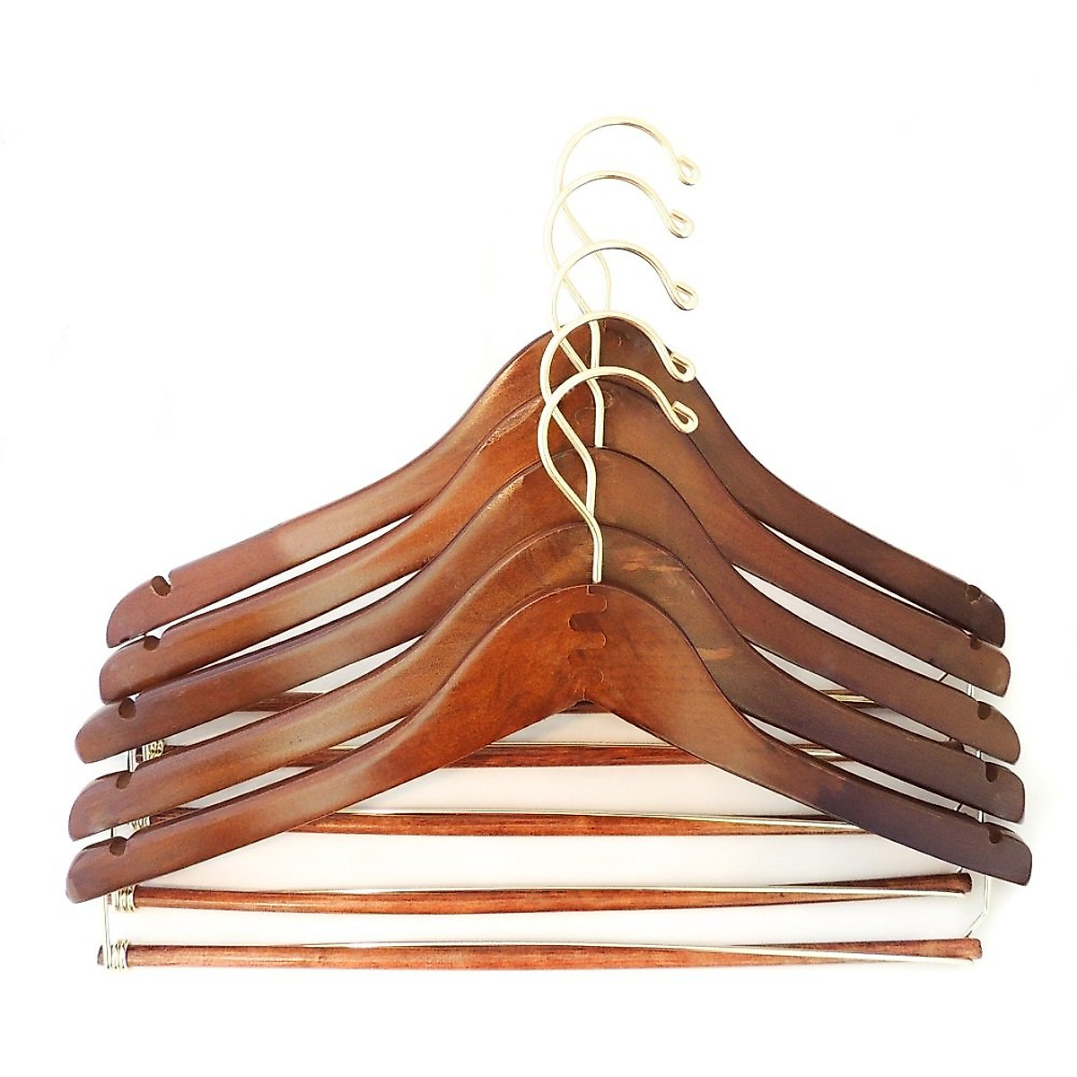 Quality Hangers Wooden Hangers Beautiful Sturdy Suit Curved Hangers Great for Travelers Heavy Duty Coat Hanger with Locking Bar Gold Hooks (5 Pack)