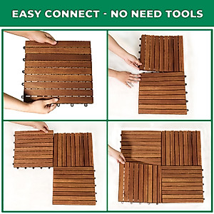 Solid Wood Interlocking Flooring Tiles (Pack of 10, 12" x 12"), Solid Wood Deck Tiles Interlocking, Patio Tiles Outdoor Interlocking Waterproof All Weather (12, 9 Slat)