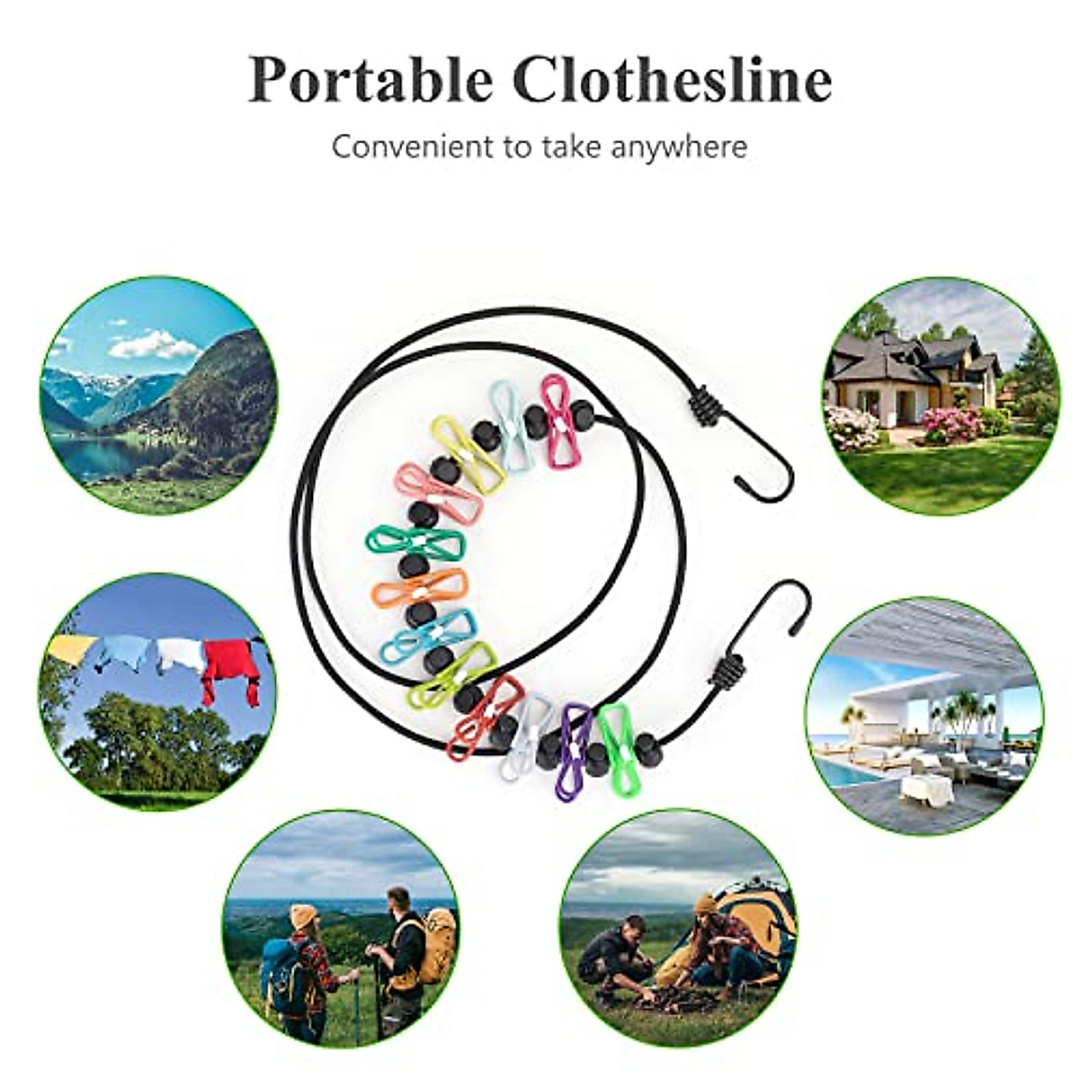 Techops Portable Clothesline, Retractable Adjustable Clothes Line Rope with 12 Clothespins, 13 Anti-Skid Clips, Windproof Travel Camping Drying Clothes Rope for Hotel, Outdoor and Indoor