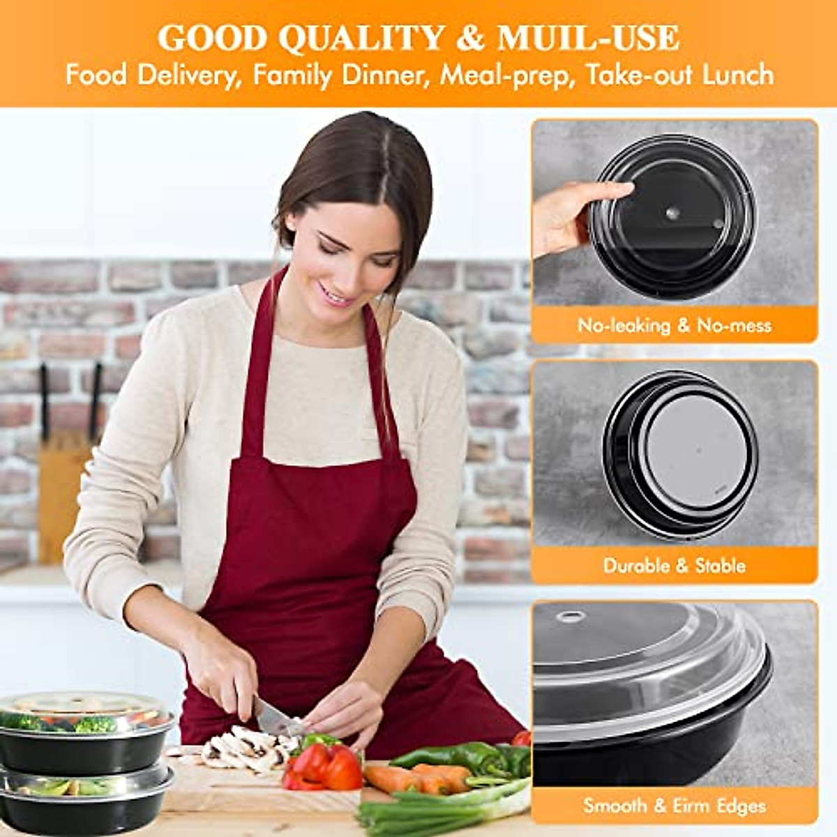 MUCHII [50 Pack Meal Prep Container, 24 oz Round To Go Containers with Lids, Plastic Containers for Food Microwave and Freezer Safe.