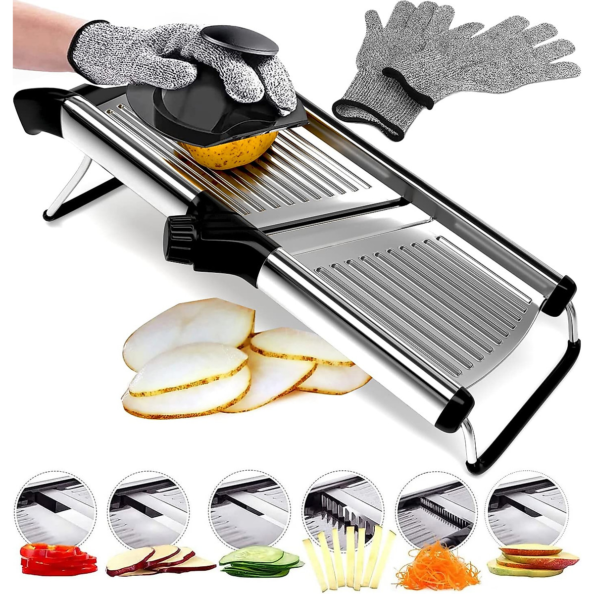 Mandoline Slicer – 6-Setting Adjustable Mandoline Slicer for Kitchen, 16.5 x 5 In. Platform, Hand Guard, Cut-Resistant Gloves – Vegetable Chopper, Meat Slicer, Cheese Slicer by Medove