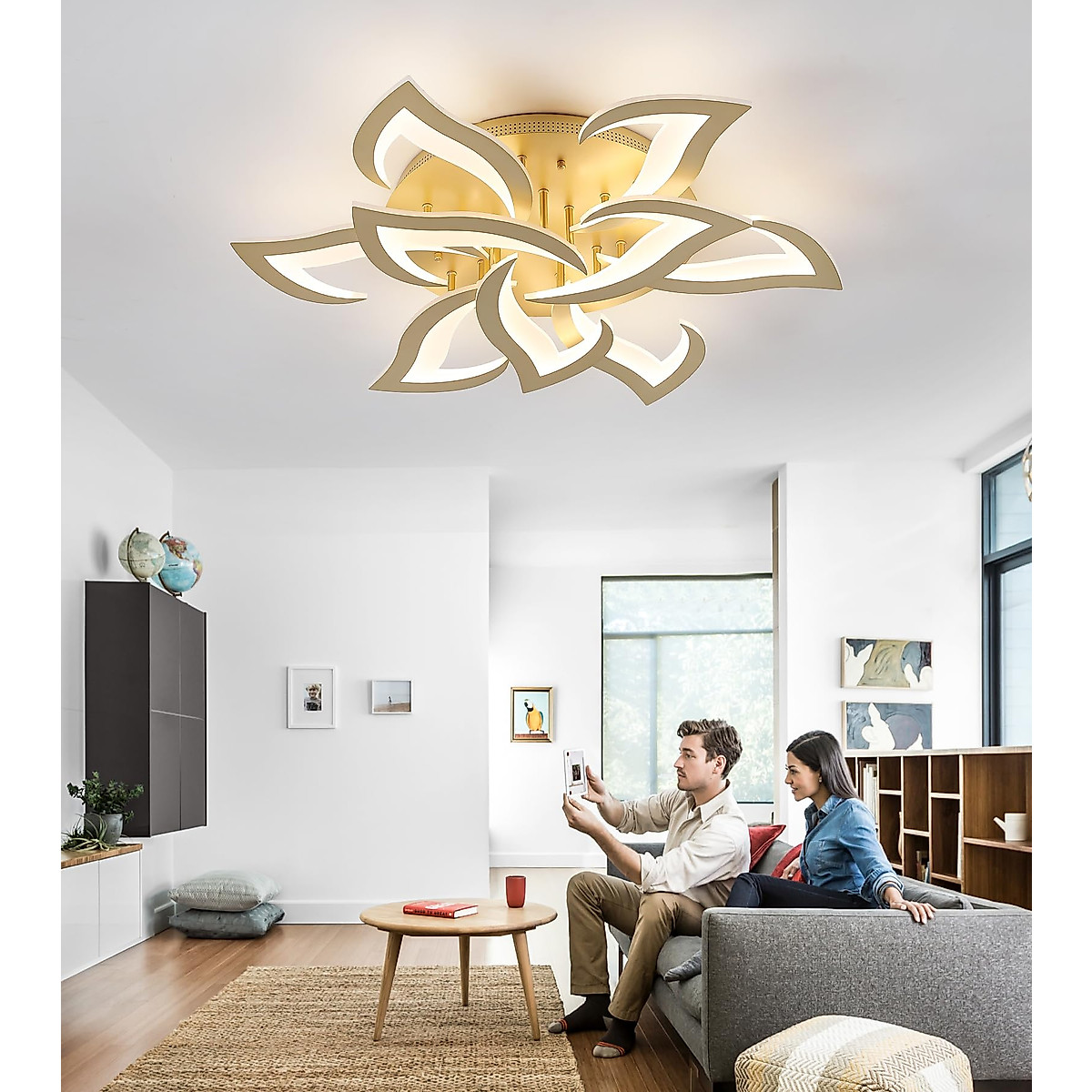 MEIXISUE LED Ceiling Light Gold Dimmable Close to Ceiling Lamp with Remote Control for Living Room,Bedroom,Kitchen,W31.5