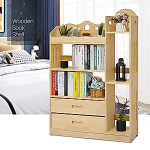 MoNiBloom Bookcase with Organizer and 2 Drawers, 3 Tier Wood Display Shelf Stand for Multifunction Storage Cabinet for Living Room, Bedroom, Natural