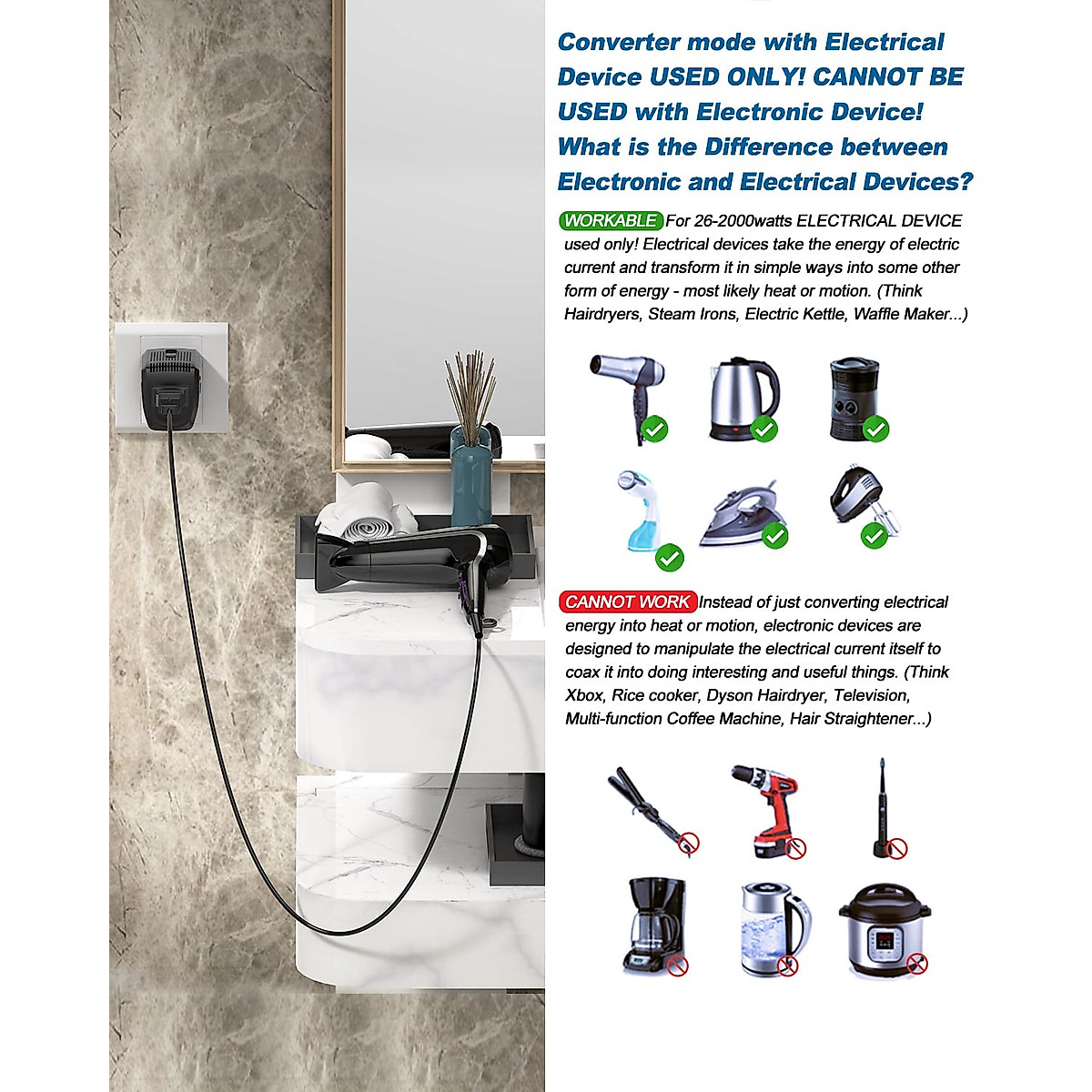 2000Watts Travel Adapter and Converter Combo Step Down Voltage 220V to 110V for Hair Dryer Laptop Cell Phone Travel Adapter Converter for US to UK Europe AU Over 150 Countries