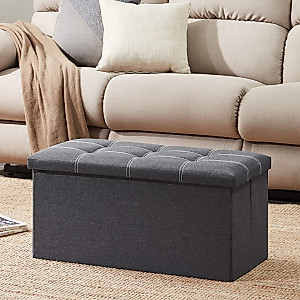 YOUDENOVA 30 inches Folding Storage Ottoman, Ottoman with Storage Footrest Seat Support 350lbs, Storage Bench for Living Room Bedroom, Linen Fabric Grey