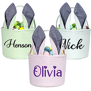 Personalized Easter Basket for Boys Girls, Seersucker Egg Hunt Bunny Baskets for Kids, DIY Bunny Bucket Tote Bags for Easter Decoration Candy Gifts Storage